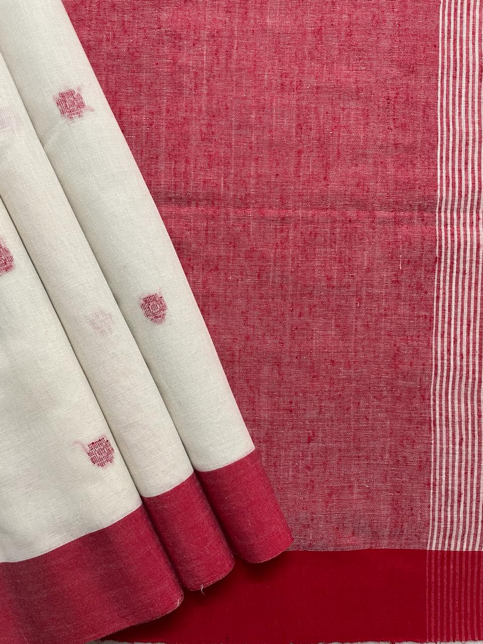 Off White Khadi Handloom Saree with Red motifs & Border – Kleemkaara