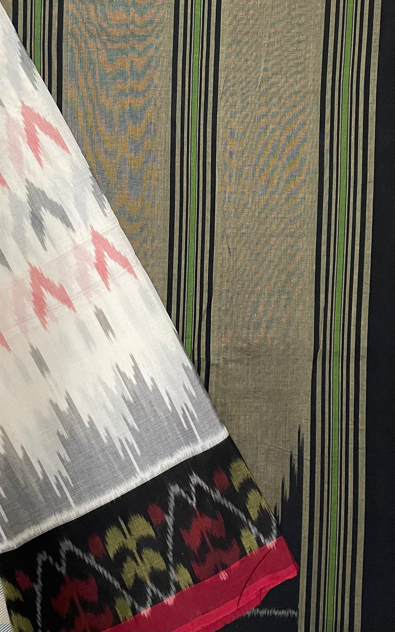 White Ikkat Handloom Cotton Saree with Black Border – Kleemkaara